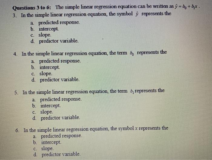 Solved Questions 3 to 6: The simple linear regression | Chegg.com