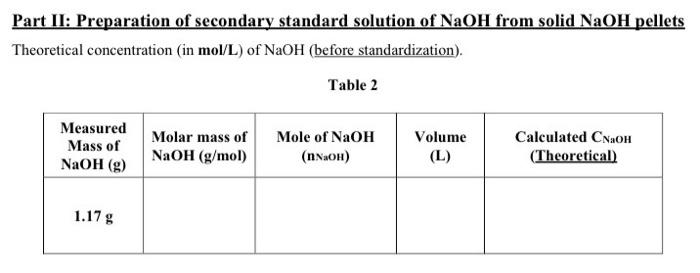 Part II: Preparation of secondary standard solution | Chegg.com
