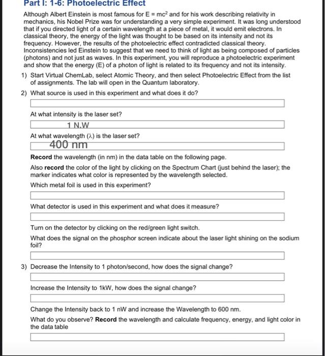 Solved Part 1: 1-6: Photoelectric Effect Although Albert | Chegg.com