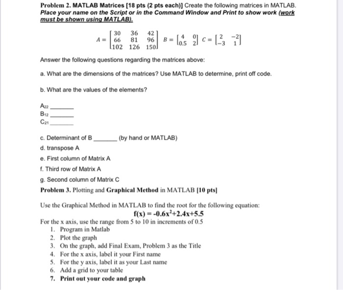 Solved Problem 2 Matlab Matrices 18 Pts 2 Pts Each ]