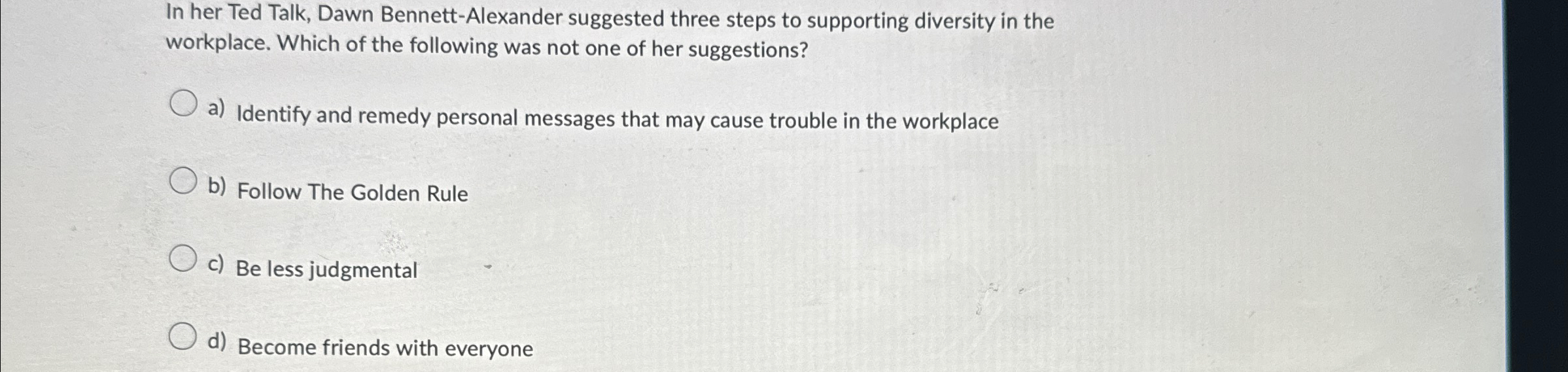 Solved In her Ted Talk, Dawn Bennett-Alexander suggested | Chegg.com