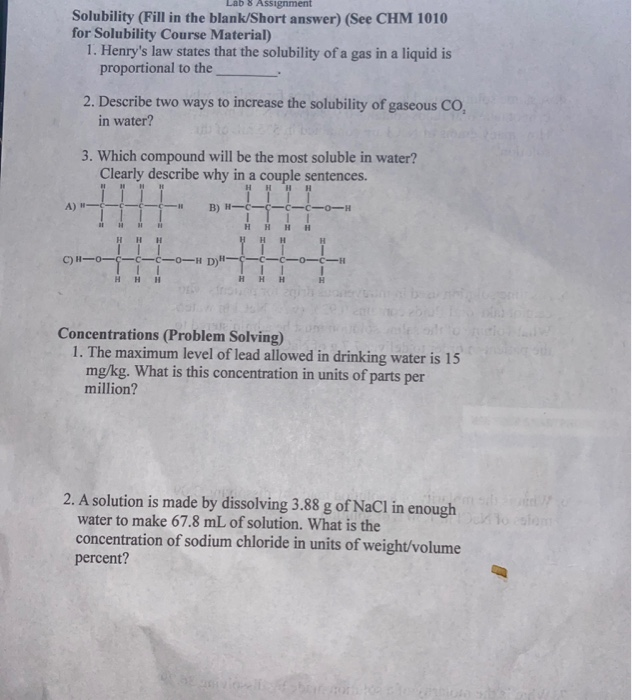 Solved Lab 8 Assignment Solubility (Fill in the blank/Short | Chegg.com