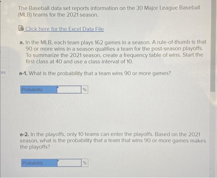 Solved The Baseball data set reports information on the 30 | Chegg.com