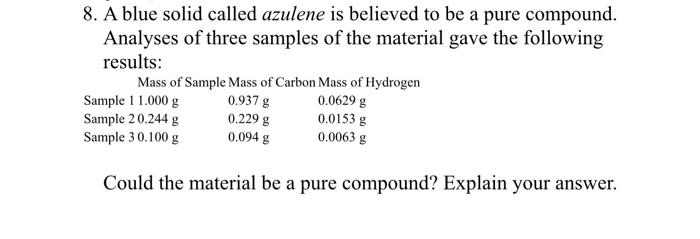 Solved 8. A blue solid called azulene is believed to be a | Chegg.com