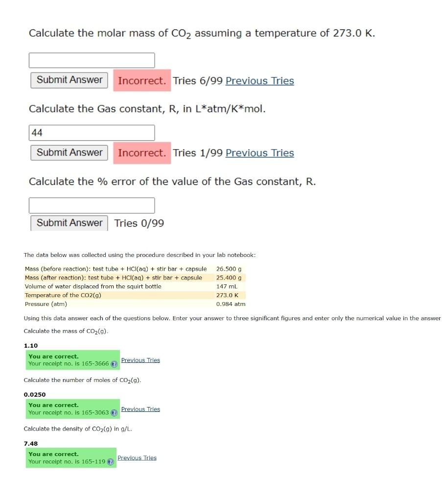 Solved Calculate the molar mass of CO2 assuming a | Chegg.com