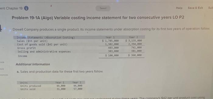 Solved Problem 19-1A (Algo) Variable costing income | Chegg.com