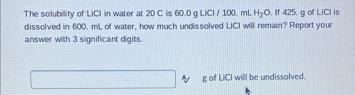Solved The solubility of LiCl in water at 20 C is 60.0 g | Chegg.com