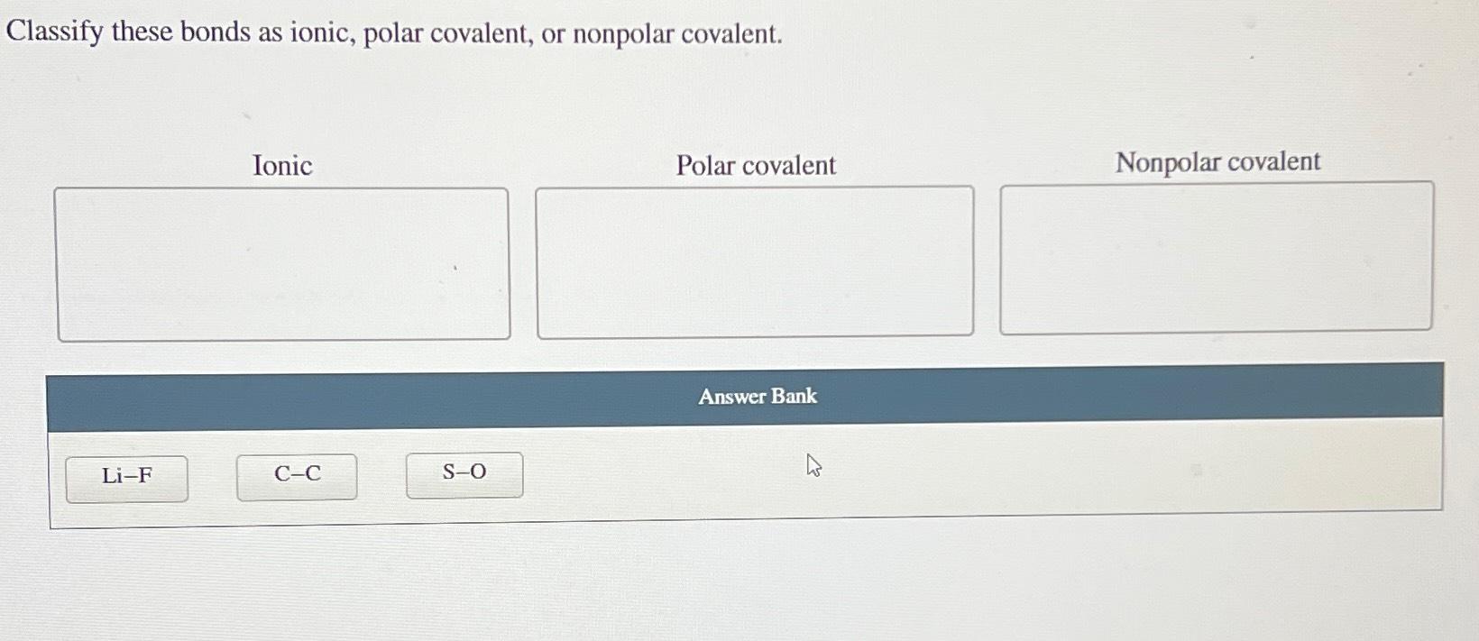Solved Classify these bonds as ionic, polar covalent, or | Chegg.com