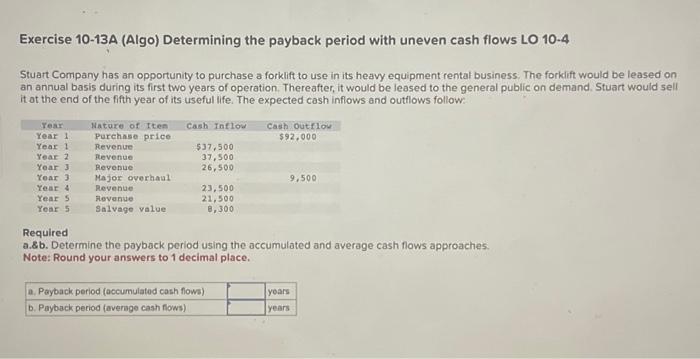 Solved Exercise 10-13A (Algo) Determining the payback period | Chegg.com