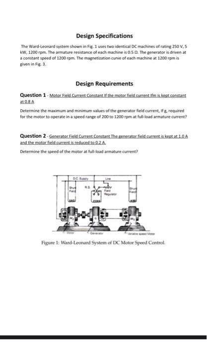 Solved Design Specifications The Ward Leonard system shown | Chegg.com