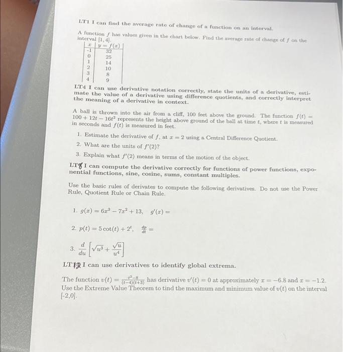 Solved LT1 I can find the average rate of change of a | Chegg.com