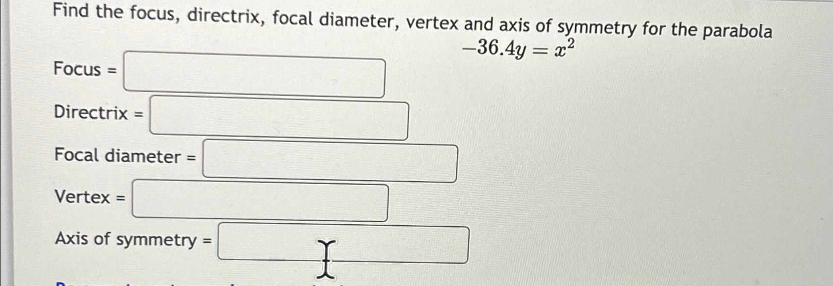 Solved Find the focus, directrix, focal diameter, vertex and | Chegg.com