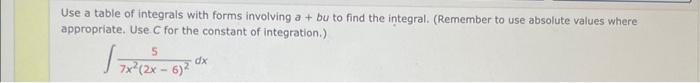 Solved Use a table of integrals with forms involving a+bu to | Chegg.com