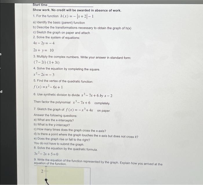 Solved . 1. For the function h(x) = −|x+2|−1 a) Identify the | Chegg.com