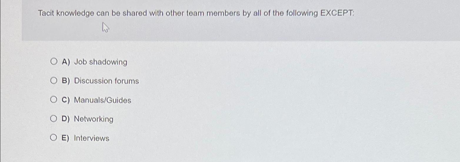Solved Tacit knowledge can be shared with other team members | Chegg.com