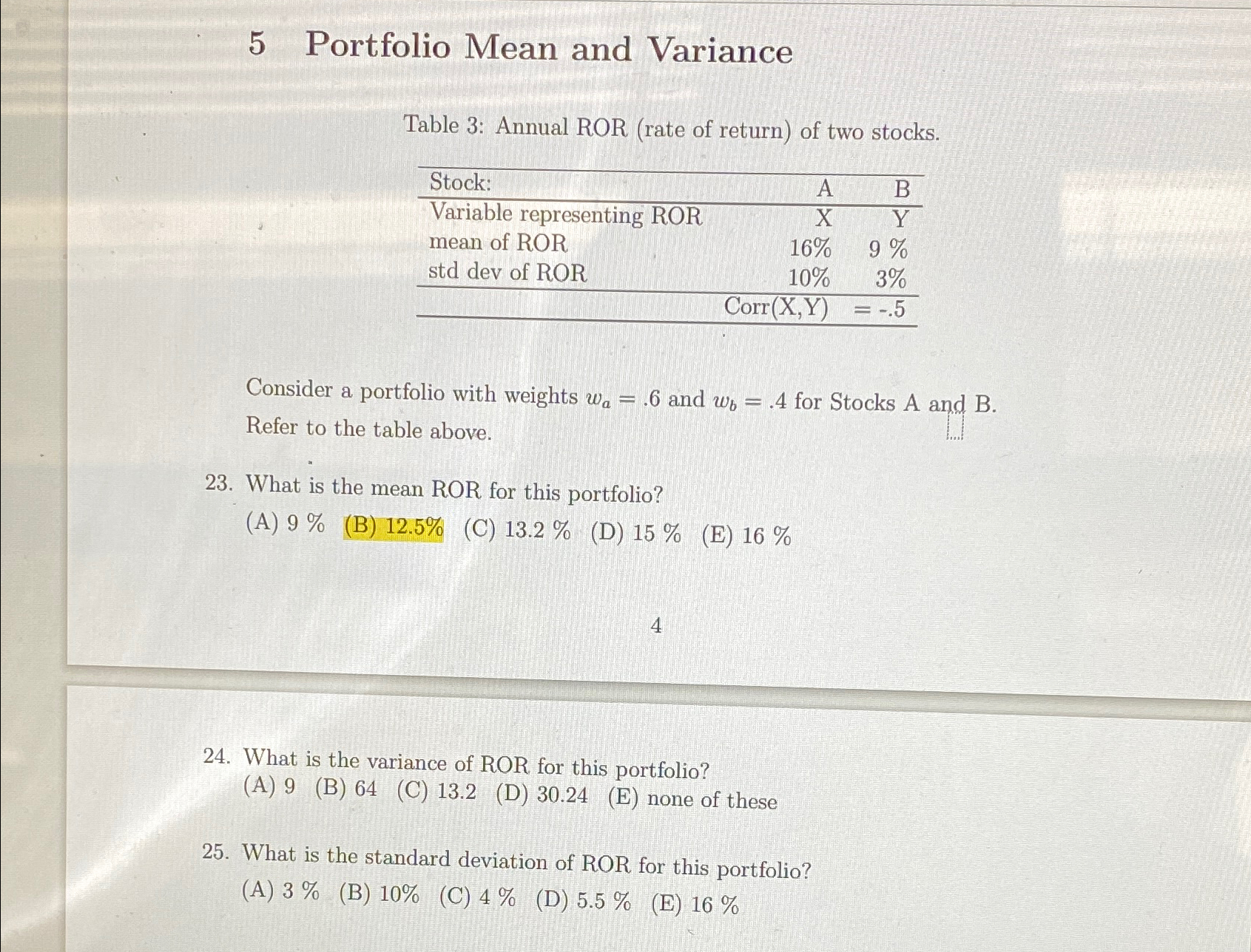 Solved 5 ﻿Portfolio Mean and VarianceTable 3: Annual ROR | Chegg.com