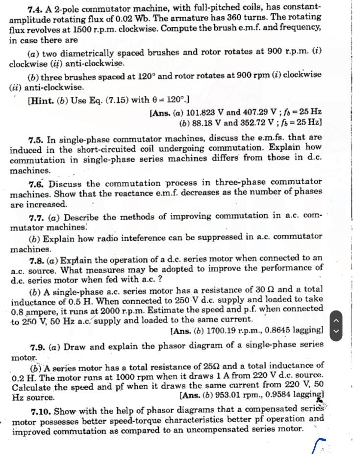 Solved 7.4. A 2-pole commutator machine, with full-pitched | Chegg.com