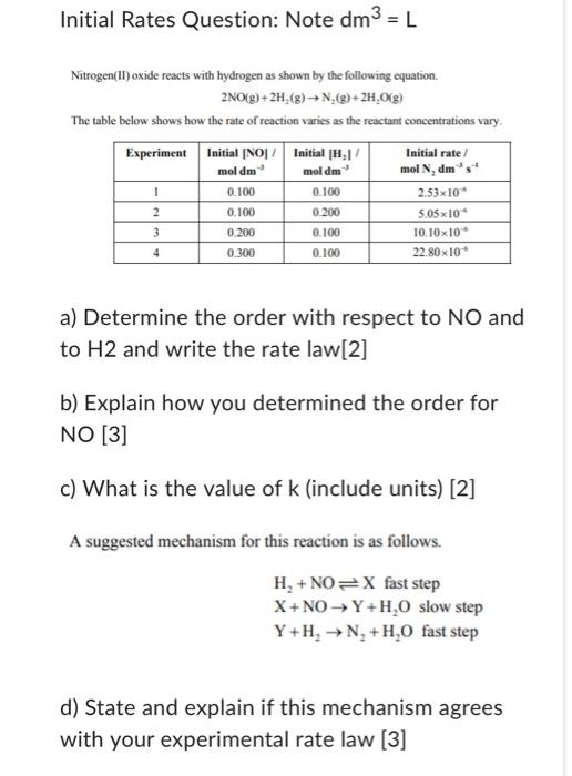 Solved Initial Rates Question: Note dm3=L Nitrogen(II) oxide | Chegg.com