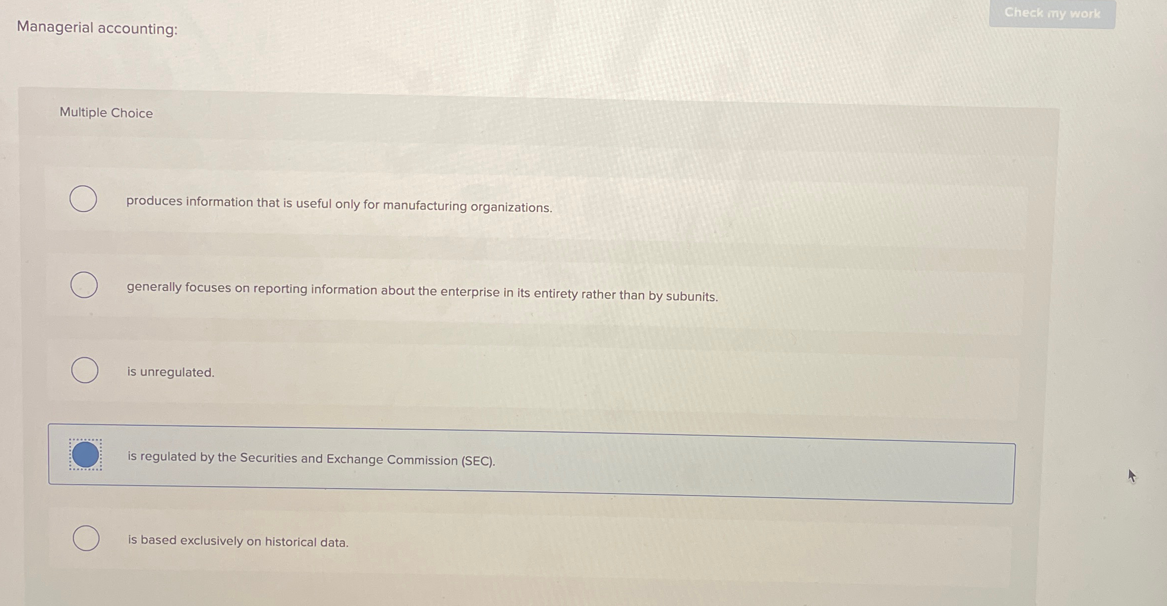 Solved Check my workManagerial accounting:Multiple | Chegg.com