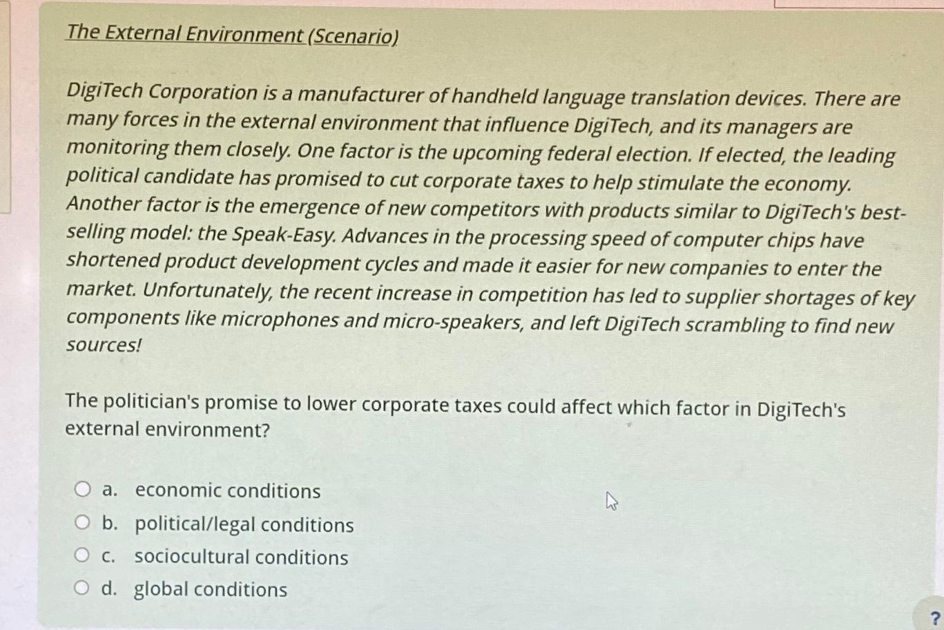 Solved The External Environment (Scenario)DigiTech | Chegg.com
