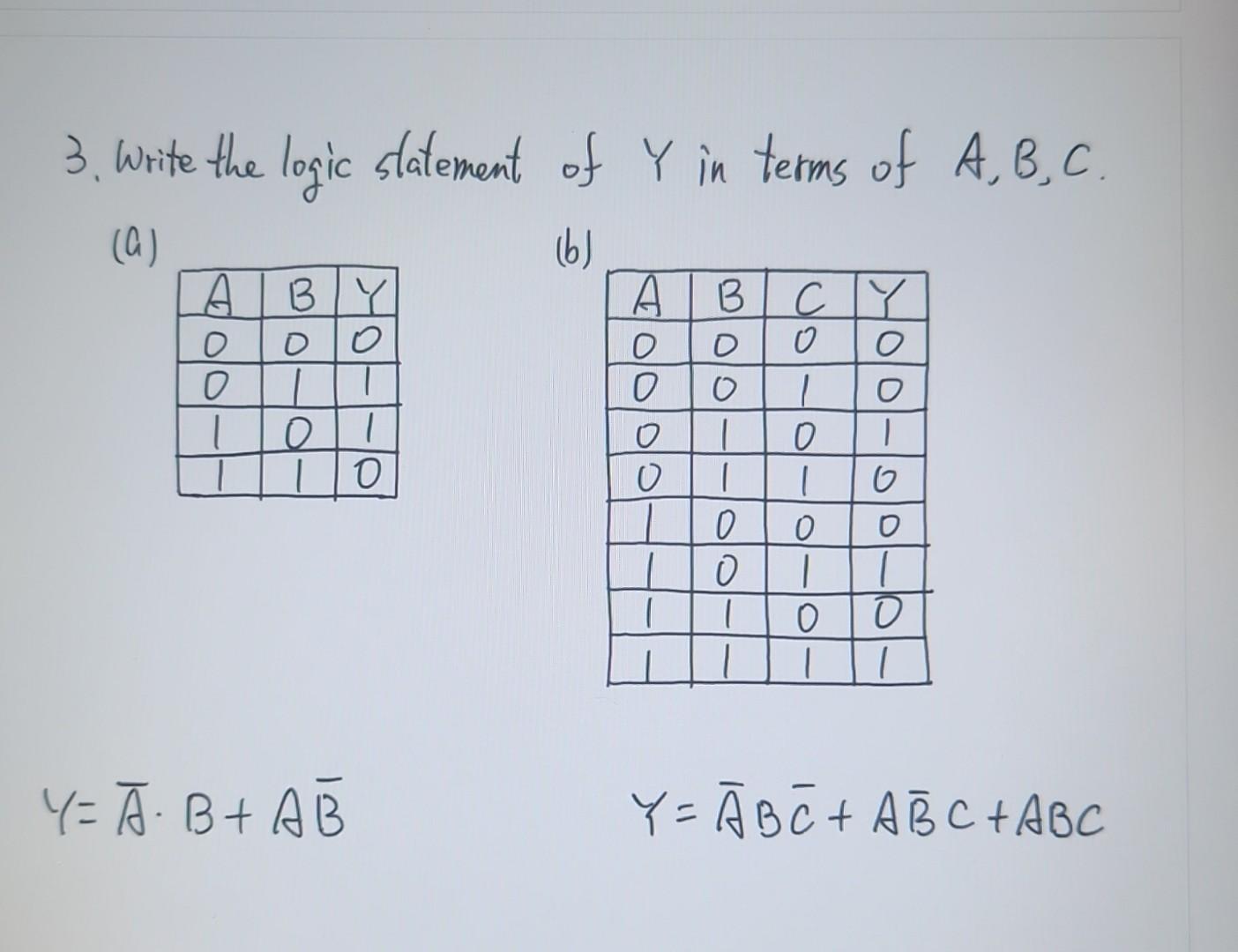 Solved 3. Write the logic slatement of Y in terms of A,B,C. | Chegg.com