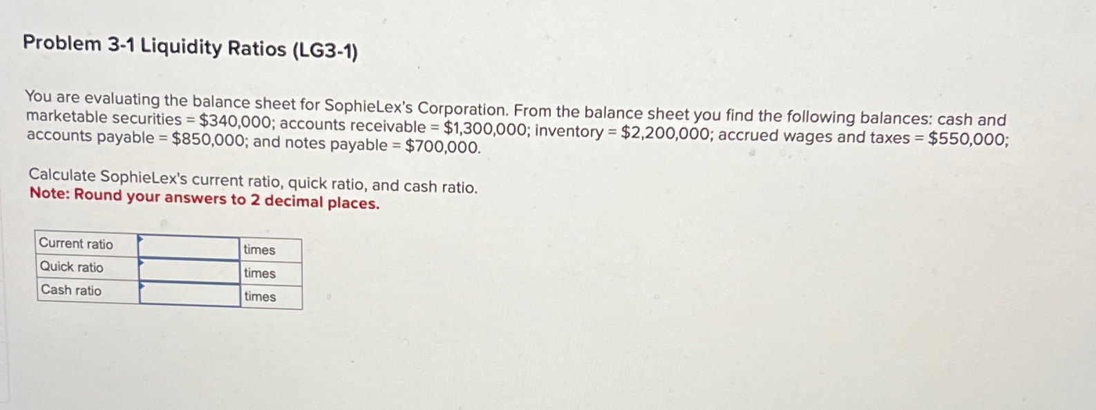 Solved Problem 3-1 ﻿Liquidity Ratios (LG3-1)You are | Chegg.com