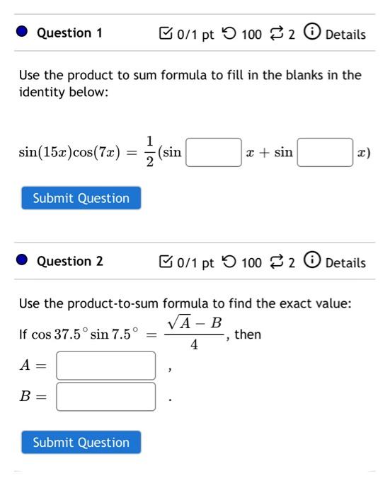 Solved Use the product to sum formula to fill in the blanks | Chegg.com