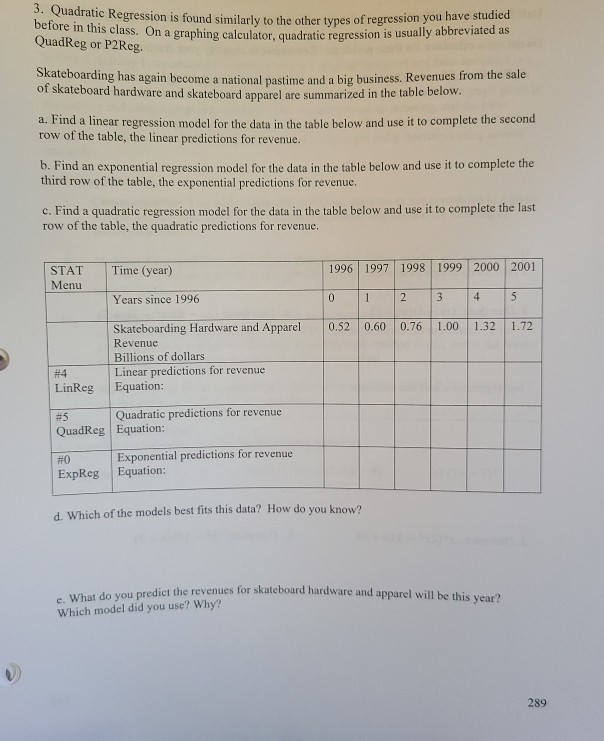 Solved 3. Quadratic Regression is found similarly to the | Chegg.com