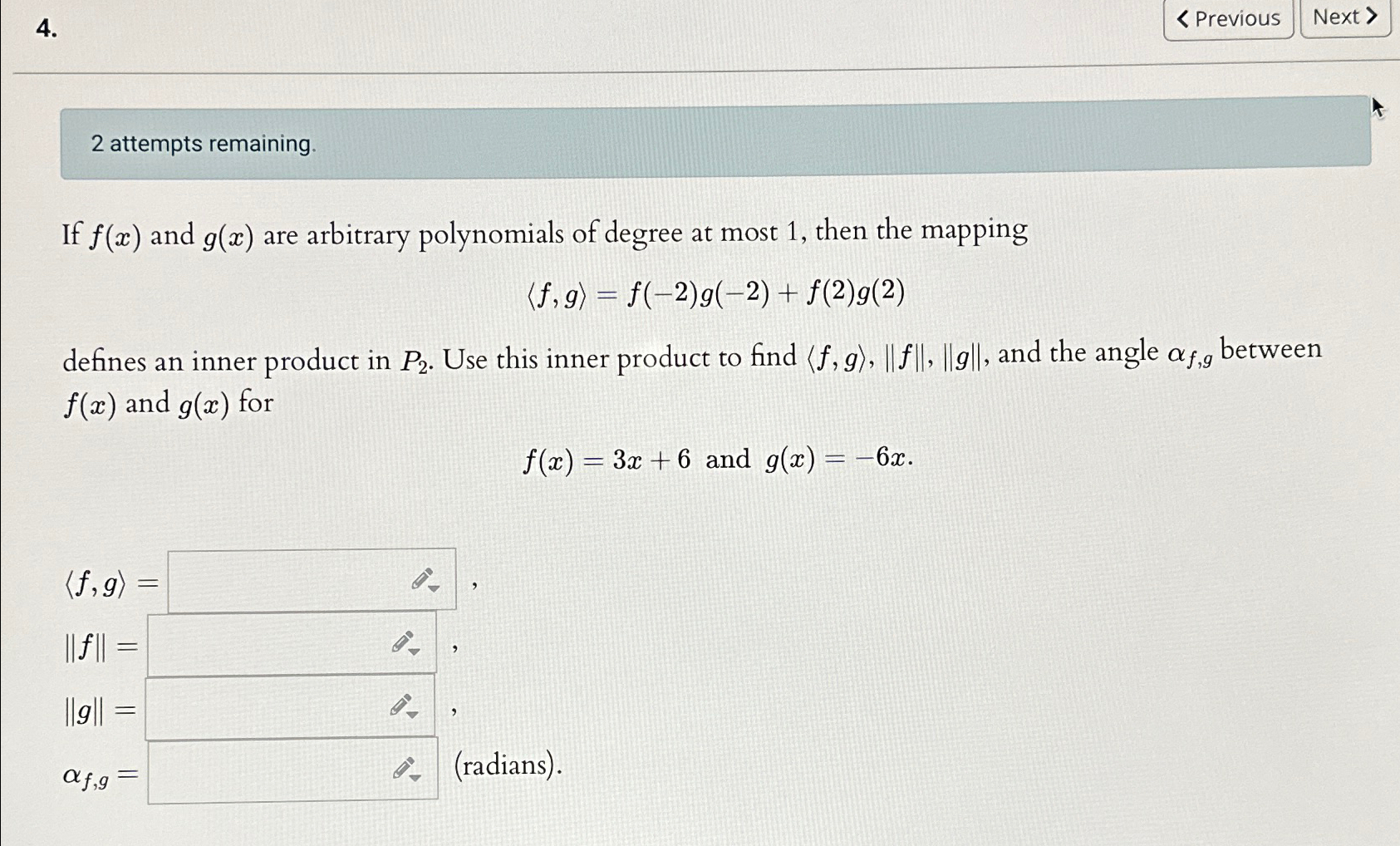 Solved 2 ﻿attempts remaining.If f(x) ﻿and g(x) ﻿are | Chegg.com