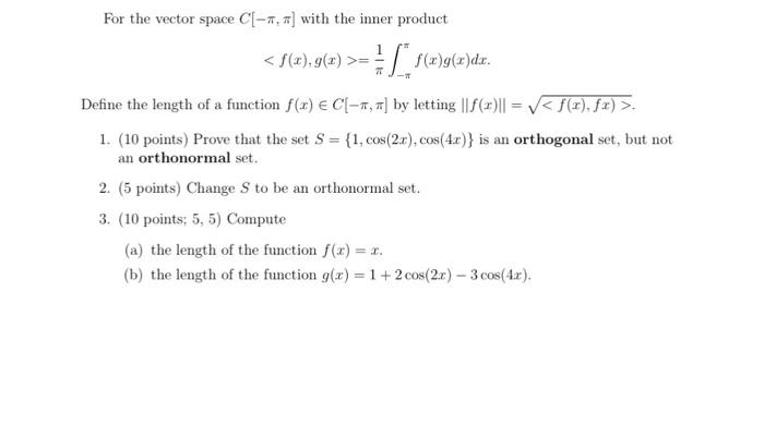 Solved For the vector space C[−π,π] with the inner product | Chegg.com