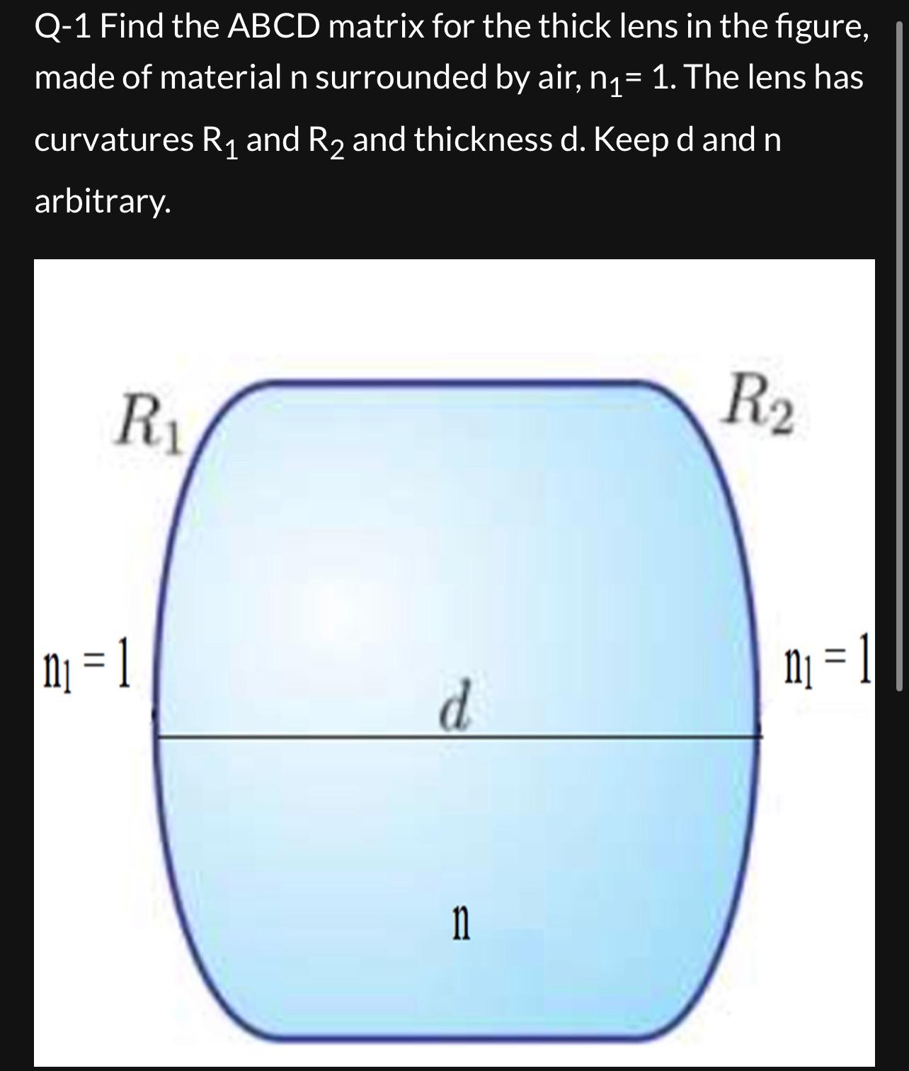 Solved Q 1 ﻿find The Abcd Matrix For The Thick Lens In The 
