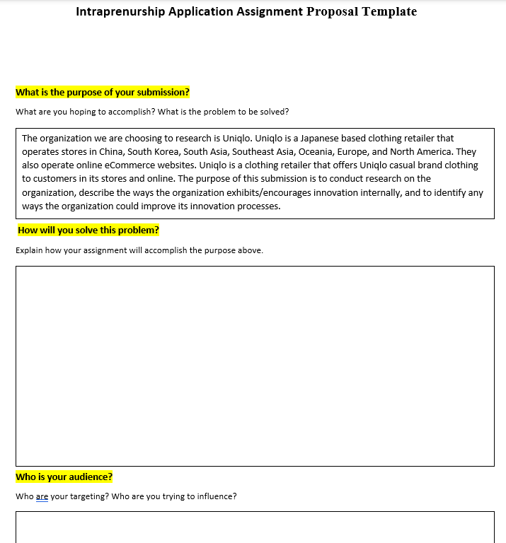 Solved Intraprenurship Application Assignment Proposal | Chegg.com