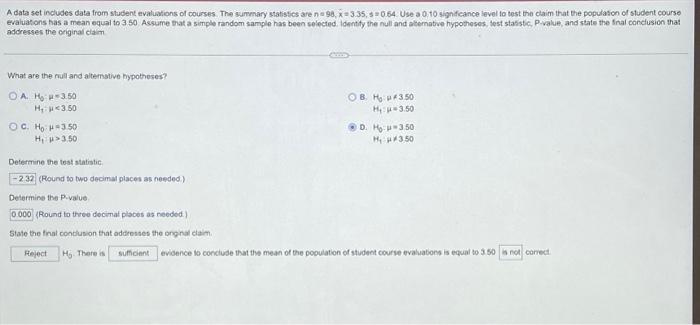 Solved A data set includes data from student evaluations of | Chegg.com