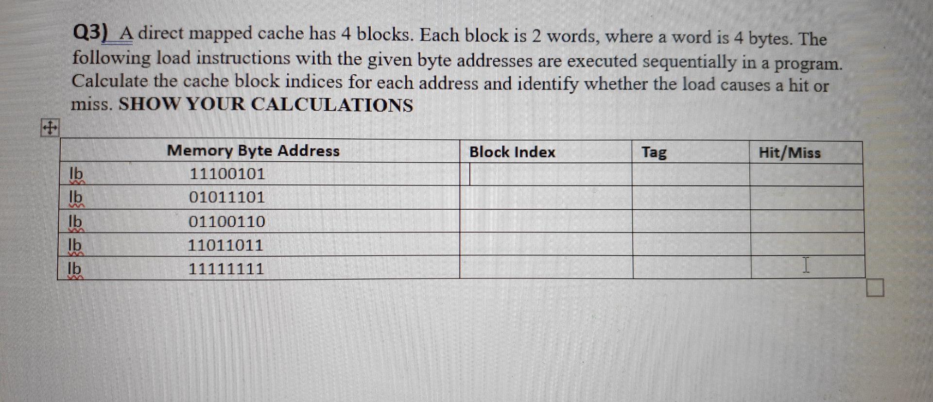 Solved a Q3) A direct mapped cache has 4 blocks. Each block | Chegg.com