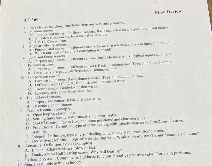 Solved AE 366 Multiple choice, matching, true-false, short | Chegg.com