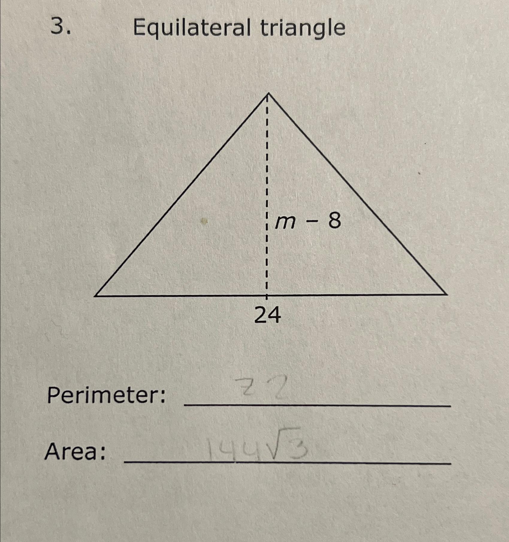 Solved Equilateral trianglePerimeter:Area: | Chegg.com