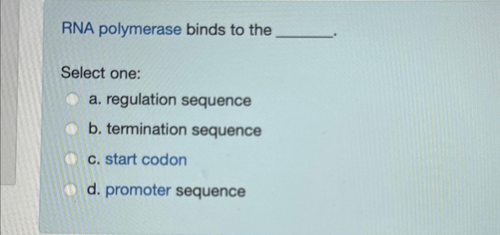 Solved RNA polymerase binds to theSelect one:a. ﻿regulation | Chegg.com