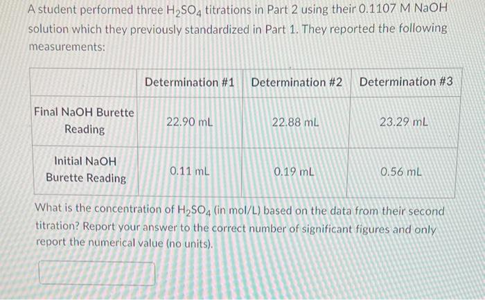 A student performed three H2SO4 titrations in Part 2 | Chegg.com