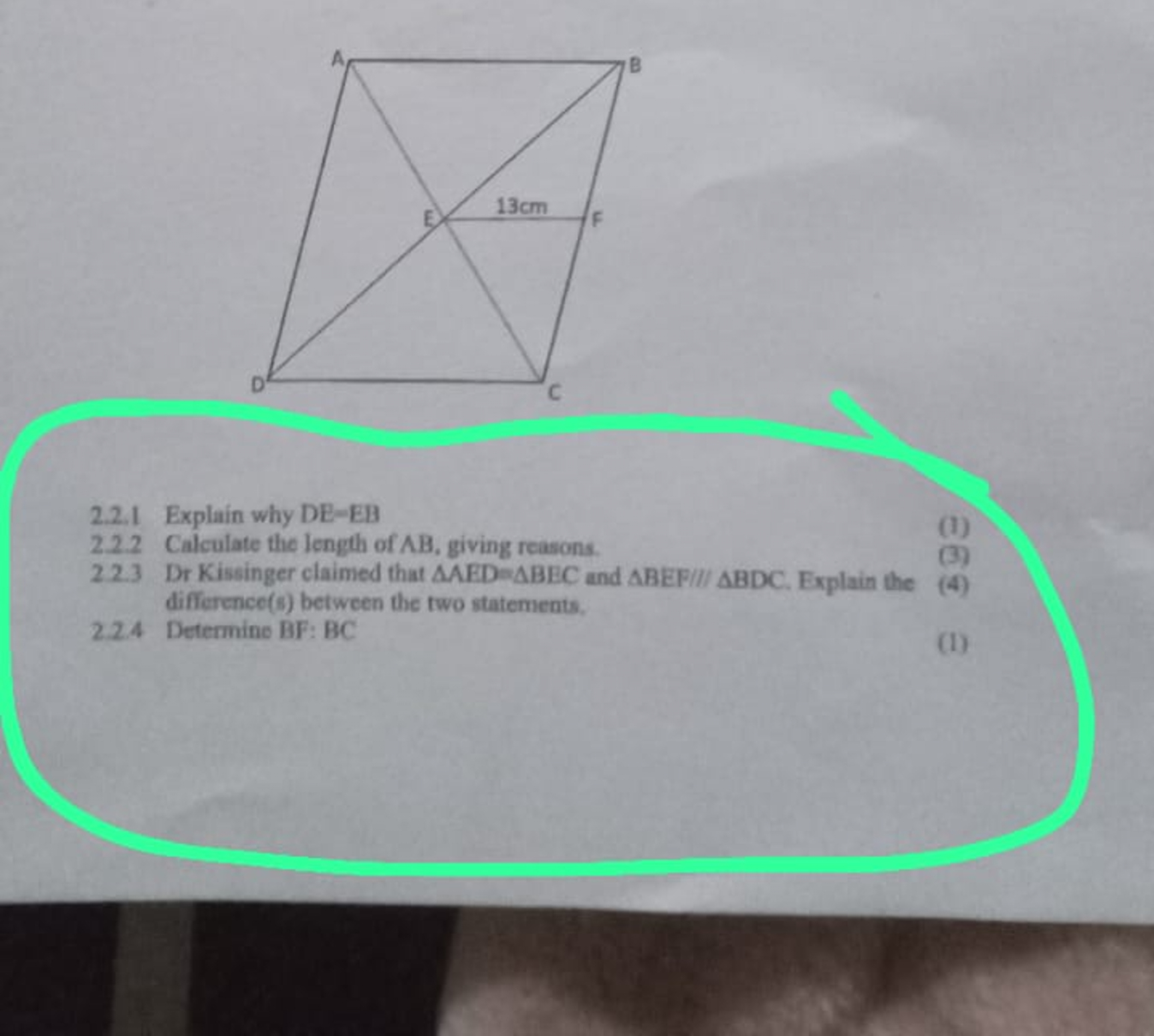 Solved 2.2.1 ﻿Explain why DE=EB2.2.2 ﻿Calculate the length | Chegg.com