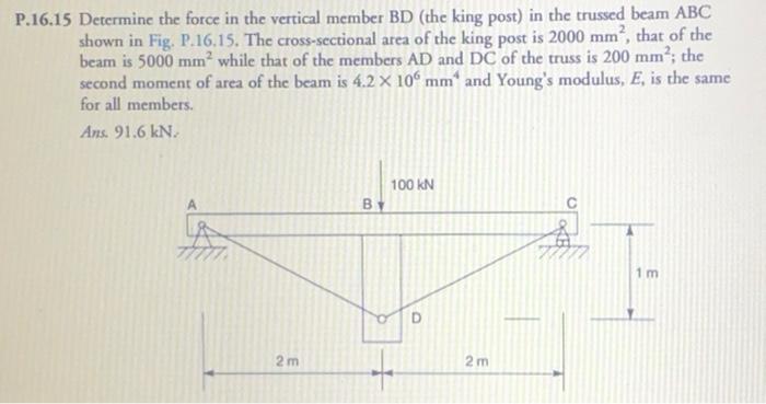 Solved 16.15 Determine the force in the vertical member BD | Chegg.com