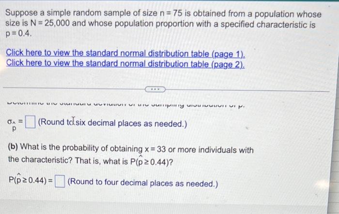 Solved pose a simple random sample of size n=75 is obtained | Chegg.com
