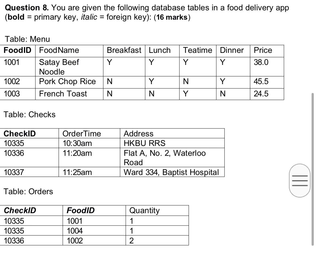 Solved Question 8. You are given the following database | Chegg.com