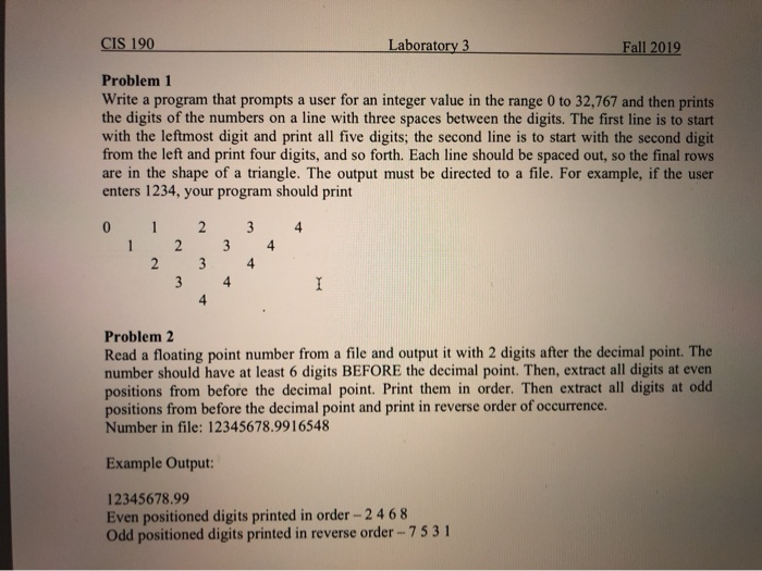 Solved CIS 190 Laboratory 3 Fall 2019 Problem 1 Write a | Chegg.com