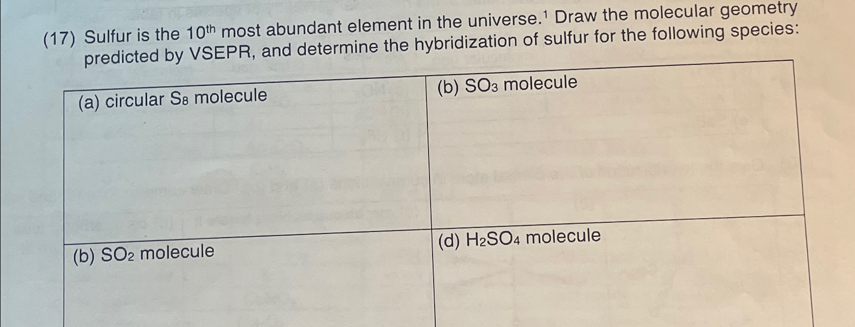 Solved (17) ﻿Sulfur is the 10th ﻿most abundant element in | Chegg.com