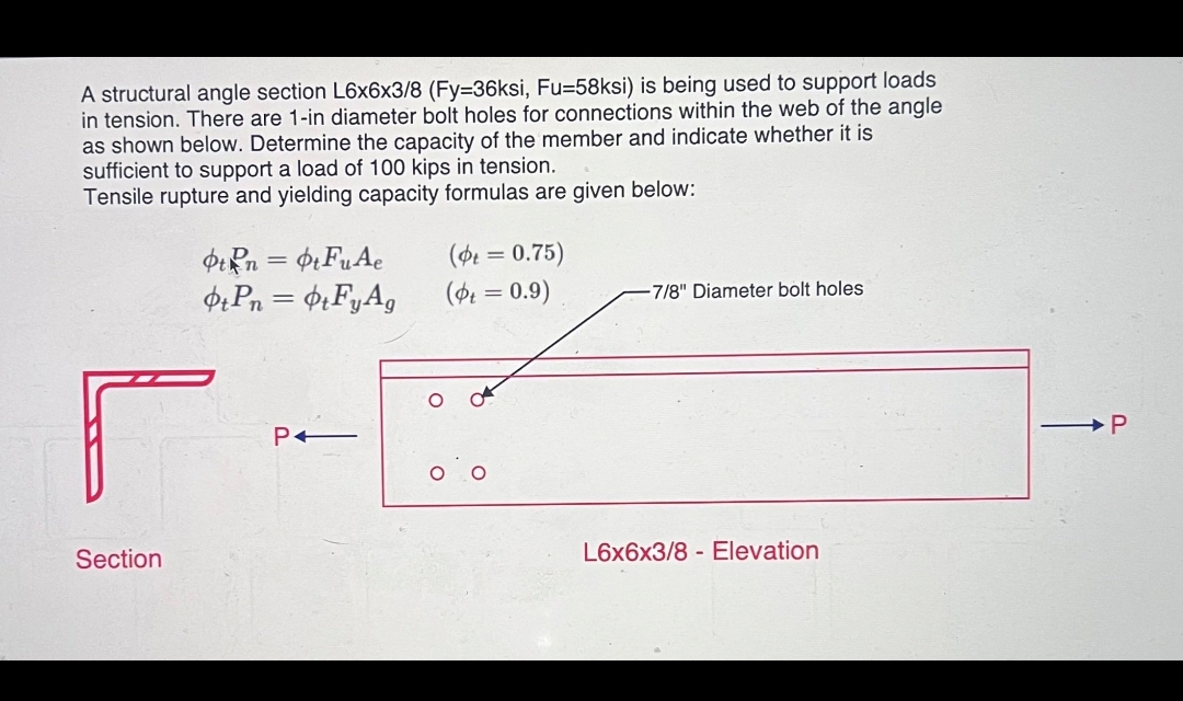 Solved A structural angle section L6x6x3/8 (Fy=36ksi, | Chegg.com