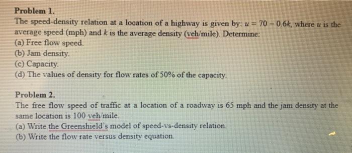 Solved Problem 1. The speed-density relation at a location | Chegg.com