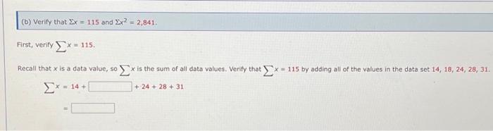 Solved (b) Verify that Ex = 115 and Ex2 = 2,841. First, | Chegg.com