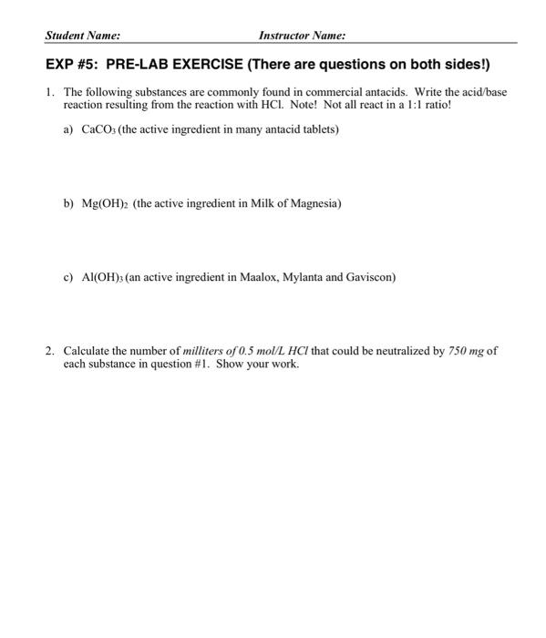 Solved Student Name: Instructor Name: EXP #5: PRE-LAB | Chegg.com