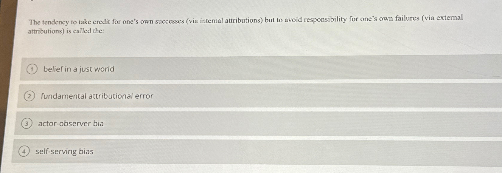 Solved The tendency to take credit for one's own successes | Chegg.com