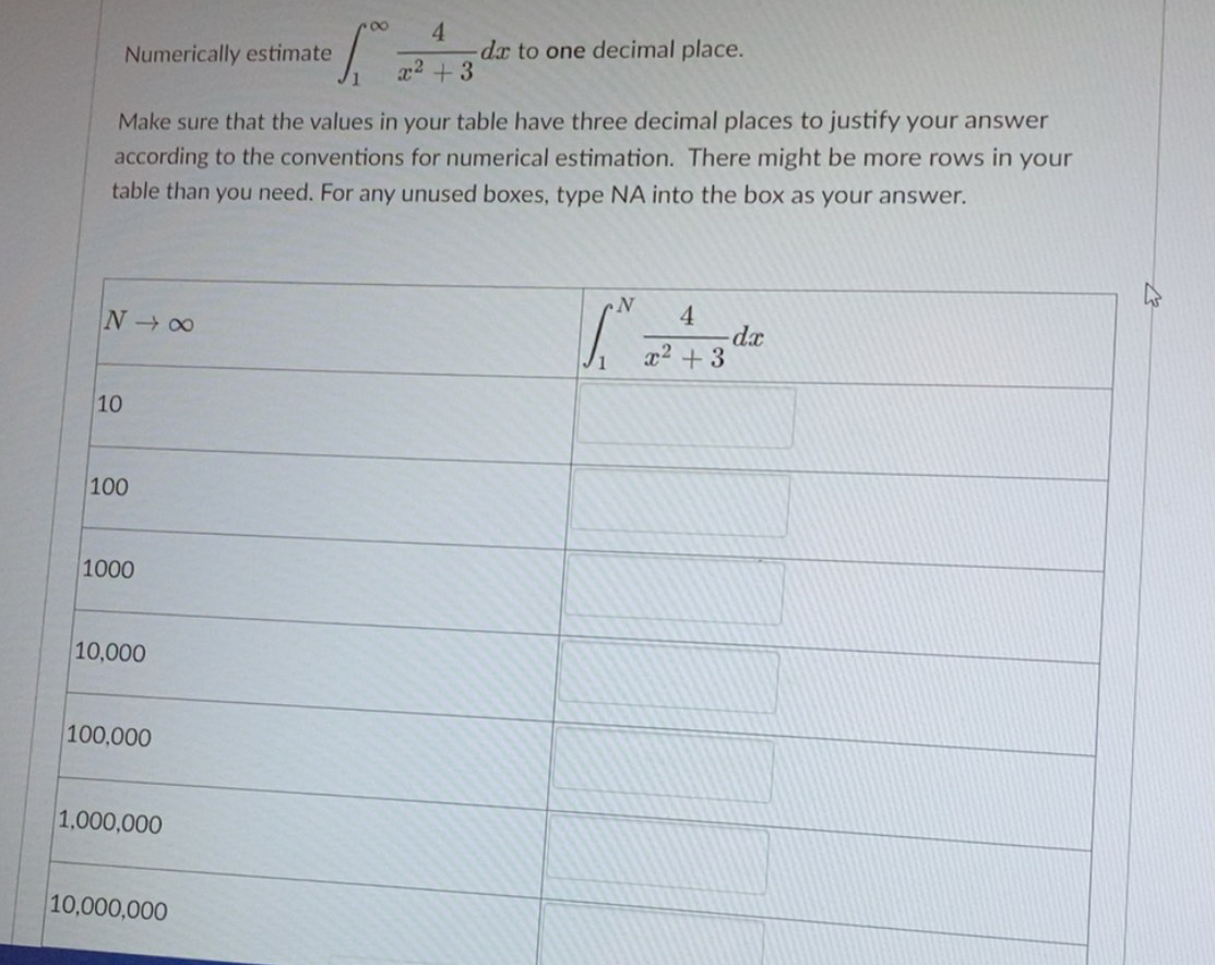 Solved Numerically estimate ∫1∞4x2+3dx ﻿to one decimal | Chegg.com